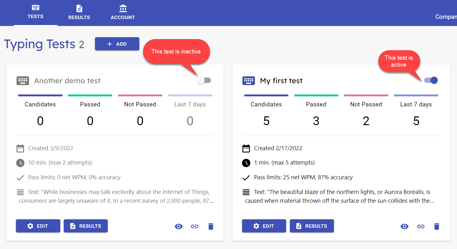 Active and inactive tests – TypingTest Pro